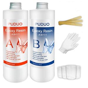 32 oz epoxy resin clear for resin molds, resin epoxy starter kit, 2 part resin for for jewelry- including resin and hardener (each 16oz) with 4 pcs measuring cups, 3pcs sticks, 1 pair glove…