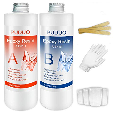 32 OZ Epoxy Resin Clear for Resin Molds, Resin Epoxy Starter Kit, 2 Part Resin for for Jewelry- Including Resin and Hardener (Each 16OZ) with 4 pcs Measuring Cups, 3pcs Sticks, 1 Pair Glove…