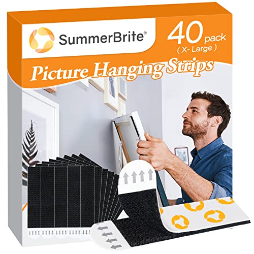 SummerBrite Picture Hanging Strips,Heavy Duty Picture Hanger Kit, Removable Damage Free,Picture Hanging Hooks,Black X Large (40Pack)