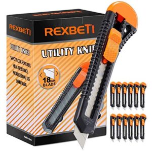 rexbeti 12-pack utility knife, retractable box cutter for cartons, cardboard and boxes, 18mm wider razor sharp blade, smooth mechanism, perfect for office and home use