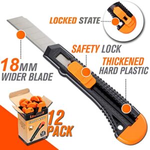 REXBETI 12-Pack Utility Knife, Retractable Box Cutter for Cartons, Cardboard and Boxes, 18mm Wider Razor Sharp Blade, Smooth Mechanism, Perfect for Office and Home use