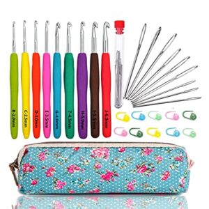 woocrafts large-eye blunt needles yarn knitting plus crochet hooks set with case,ergonomic handle crochet hooks needles for arthritic hands.best gift!