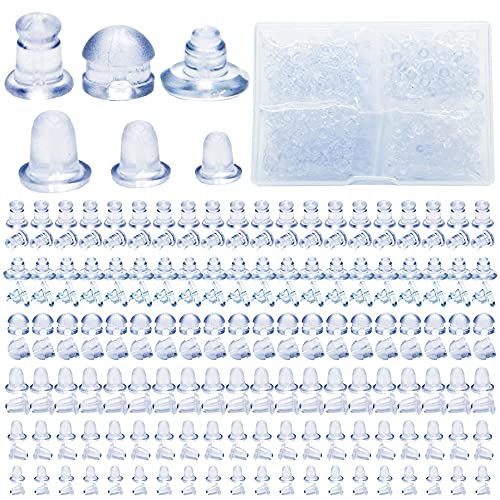 Silicone Earring Backs, Clear Earring backings with Box, Earring Safety Back Pads backstops Stopper, 6 Different Shapes Soft Earring Backs Replacements (600PCS/300Pairs)