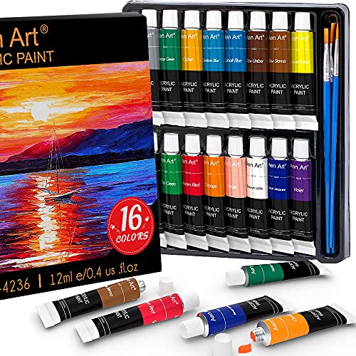 Acrylic Paint Set, Aen Art 16 Colors Painting Supplies for Canvas Wood Fabric Ceramic Crafts, Non Toxic&Rich Pigments for Beginners