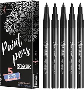 artistro black paint pens for rock painting, stone, ceramic, glass, wood, tire, fabric, metal, canvas. set of 5 water based black markers for acrylic painting extra fine point tip