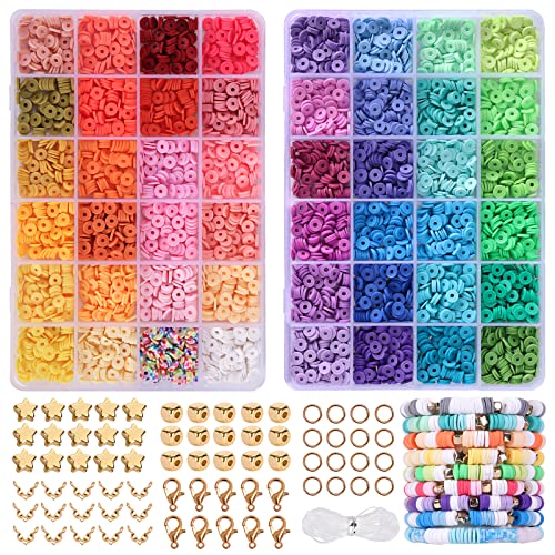 QUEFE 4800pcs Clay Beads for Bracelet Making Kit 48 Colors Flat Round Polymer Clay Beads Spacer Heishi Beads for Jewelry Making Kit, for Girls 8-12, Preppy, Gift Pack