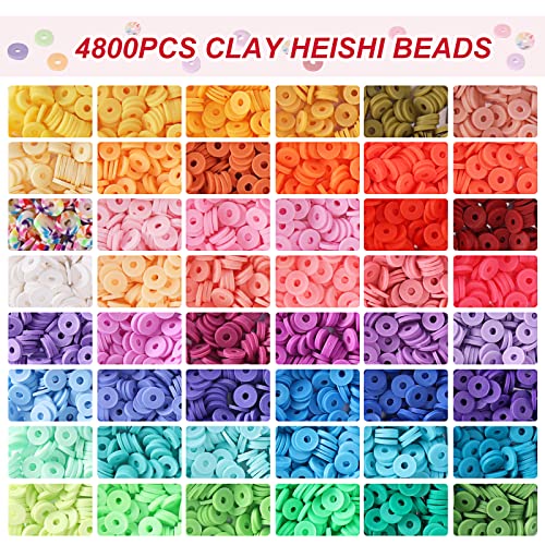 QUEFE 4800pcs Clay Beads for Bracelet Making Kit 48 Colors Flat Round Polymer Clay Beads Spacer Heishi Beads for Jewelry Making Kit, for Girls 8-12, Preppy, Gift Pack