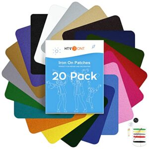 htvront iron on patches for clothing repair, 20 pcs multi-colored fabric patches for clothes repair, 20 shades iron patches for clothes, clothing repair decorating kit 3.7″ by 4.9″