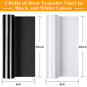 12" x 24ft Heat Transfer Vinyl Rolls, Flasoo 2 Rolls Black and White HTV Iron on Vinyl for Shirts, Compatible with Cricut, Cameo, Heat Press Machines, Sublimation (12 Inches by 12 Feet Per Roll)