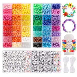 quefe 3960pcs pony beads for bracelet making kit 48 colors kandi beads set, 2400pcs plastic rainbow bead bulk and 1560pcs letter beads with 20 meter elastic threads for craft jewelry necklace