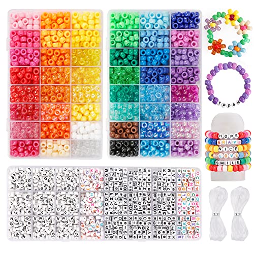 Quefe 3960pcs Pony Beads for Bracelet Making Kit 48 Colors Kandi Beads Set, 2400pcs Plastic Rainbow Bead Bulk and 1560pcs Letter Beads with 20 Meter Elastic Threads for Craft Jewelry Necklace