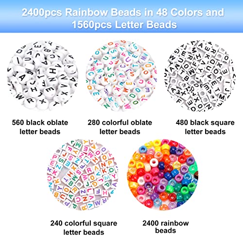 Quefe 3960pcs Pony Beads for Bracelet Making Kit 48 Colors Kandi Beads Set, 2400pcs Plastic Rainbow Bead Bulk and 1560pcs Letter Beads with 20 Meter Elastic Threads for Craft Jewelry Necklace