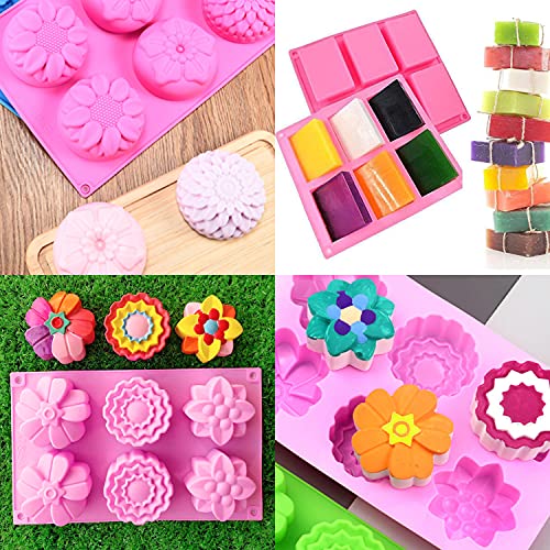 OBSGUMU 3 Pack Silicone Soap Molds,6 Cavities Flowers Soap Mold,Rectangle and Different Flower shapes, Perfect for Soap Making, Handmade Cake Chocolate Biscuit, Pudding (Pink)