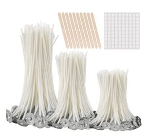 buluker300pcs functional smokeless candle wicks,100pcs wicks sticker, pre-waxed cotton core wicks with metal sustainer tabs for pillar candle making and candle diy, 9cm/3.5in,15cm/6in,20cm/8in