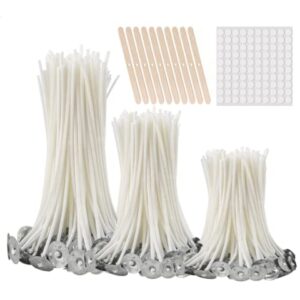 Buluker300Pcs Functional Smokeless Candle Wicks,100pcs Wicks Sticker, Pre-Waxed Cotton Core Wicks with Metal Sustainer Tabs for Pillar Candle Making and Candle DIY, 9cm/3.5in,15cm/6in,20cm/8in