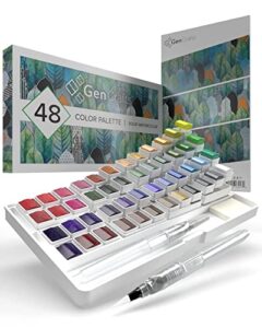 gencrafts watercolor paint palette with bonus paper pad includes 48 premium colors – 2 refillable water blending brush pens – no mess storage case – 15 sheets of water color paper – portable painting