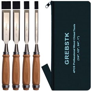 grebstk 4pcs professional wood chisel tool sets sturdy chrome vanadium steel chisel, 1/4 inch,1/2 inch,3/4 inch,1 inch (oxford bag)