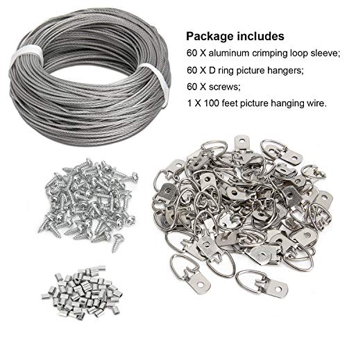 Picture Hanging Kit - 100 Feet Stainless Steel Hanging Wire, 60 Pcs D Ring Picture Hangers with Screws and 60 Pcs Aluminum Crimping Loop Sleeve for Hanging Paintings Photos