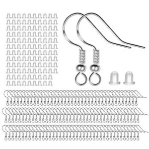 925 sterling silver earring hooks 120 pcs/60 pairs, ear wires fish hooks, hypo-allergenic jewelry findings parts with 120 pcs clear silicone earring backs stoppers for diy jewelry making