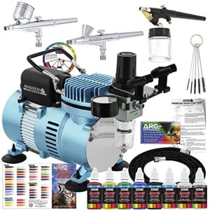 master airbrush cool runner ii dual fan air compressor professional airbrushing system kit with 3 airbrushes, gravity and siphon feed – 6 primary opaque colors acrylic paint artist set – how to guide