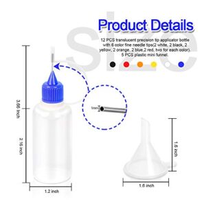 12pcs Precision Tip Applicator Bottles, YGDZ 30ml Needle Tip Squeeze Glue Bottles for Paint Quilling Craft, 6 Colors Precision Bottles with 5 Mini Funnels