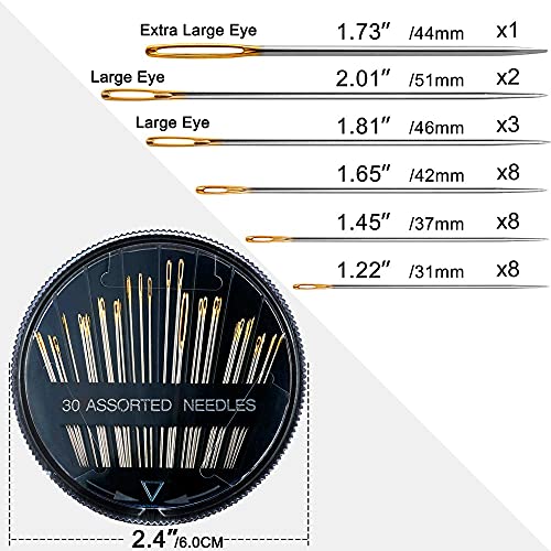 30/60Pack Premium Sewing Needles for Hand Sewing Repair, 6 Sizes Assorted Needles with 2 Threaders, Sewing Needles for Handsewing, Large Eye Stitching Needles, Embroidery Needles, Sewing Sharp Needles