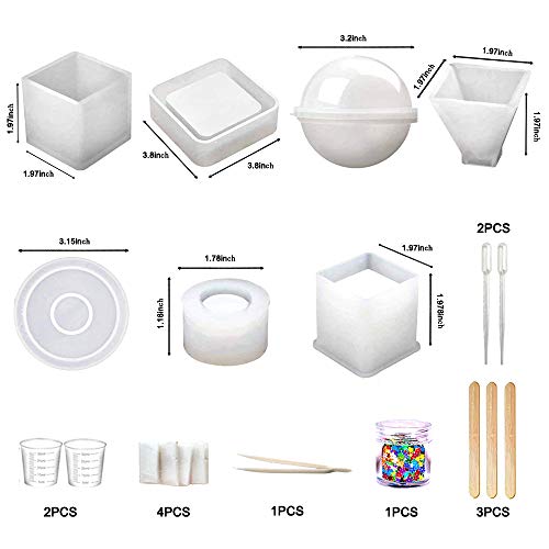 Resin Molds Silicone Kit 20Pcs,Epoxy Resin Molds Including Sphere,Cube,Pyramid,Square,Round, Used for Create Art,DIY,Ash trays,Coasters,Candles.Bonus Decorative Sequins and The Complete Set Tools