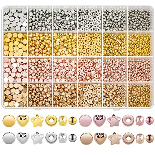 2160 Pieces Gold Spacer Beads Set, Assorted Bracelet Beads Round Beads Star Beads Gold Beads for Bracelet Jewelry Making(Gold, Sliver, Rose Gold, KC Gold)