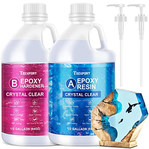 Teexpert Crystal Clear Epoxy Resin Kit 1 Gallon Self-Leveling Coating and Casting Resin, High-Gloss & Bubbles Free Resin and Hardener Kit for DIY Art, Jewelry, Table Top, Molds, Wood 1:1 Ratio