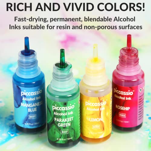 Alcohol Ink Set - 24 Highly Saturated Alcohol Inks - Acid-Free, Fast-Drying and Permanent Alcohol-Based Inks - Versatile Alcohol Ink for Epoxy Resin, Tumblers, Fluid Art Painting, Glass, Metal etc.