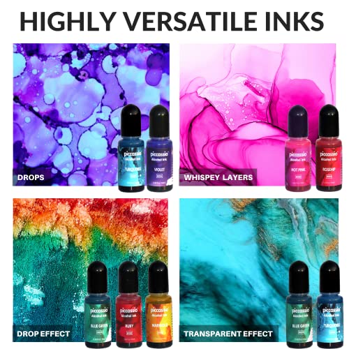 Alcohol Ink Set - 24 Highly Saturated Alcohol Inks - Acid-Free, Fast-Drying and Permanent Alcohol-Based Inks - Versatile Alcohol Ink for Epoxy Resin, Tumblers, Fluid Art Painting, Glass, Metal etc.