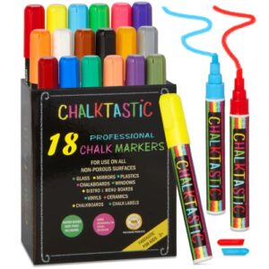 chalk markers by fantastic chalktastic mega 18 pack, best for kids art, menu board bistro boards – glass & window paint marker pens – reversible 6mm fine or chisel tip