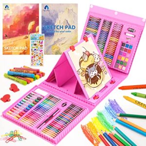 art supplies, 240-piece drawing art kit, gifts art set case with double sided trifold easel, includes oil pastels, crayons, colored pencils, watercolor cakes, sketch pad (pink)