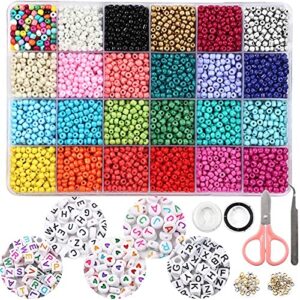 outuxed 7200pcs 4mm glass seed beads for bracelets making kit 300pcs alphabet letter beads for jewelry making and crafts with elastic string cords, tweezers and accessories diy material