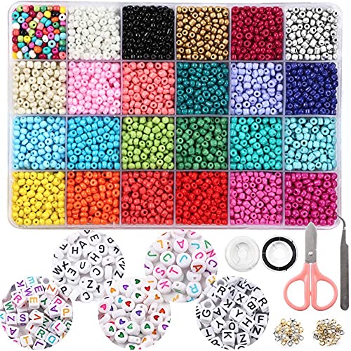 OUTUXED 7200pcs 4mm Glass Seed Beads for Bracelets Making Kit 300pcs Alphabet Letter Beads for Jewelry Making and Crafts with Elastic String Cords, Tweezers and Accessories DIY Material