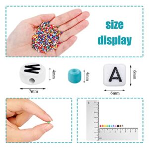 OUTUXED 7200pcs 4mm Glass Seed Beads for Bracelets Making Kit 300pcs Alphabet Letter Beads for Jewelry Making and Crafts with Elastic String Cords, Tweezers and Accessories DIY Material