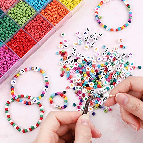 OUTUXED 7200pcs 4mm Glass Seed Beads for Bracelets Making Kit 300pcs Alphabet Letter Beads for Jewelry Making and Crafts with Elastic String Cords, Tweezers and Accessories DIY Material