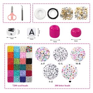 OUTUXED 7200pcs 4mm Glass Seed Beads for Bracelets Making Kit 300pcs Alphabet Letter Beads for Jewelry Making and Crafts with Elastic String Cords, Tweezers and Accessories DIY Material