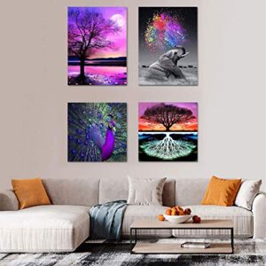 FineGearPow 4 Pack 5D Diamond Painting Kits for Adults, DIY Diamond Art for Adults, Full Drill Crystal Art for Home Wall Decor Diamond Dots, 11.8" x 11.8" / 15.7" (Peacock Elephant Trees Night)