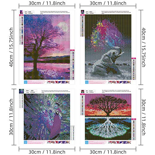 FineGearPow 4 Pack 5D Diamond Painting Kits for Adults, DIY Diamond Art for Adults, Full Drill Crystal Art for Home Wall Decor Diamond Dots, 11.8" x 11.8" / 15.7" (Peacock Elephant Trees Night)