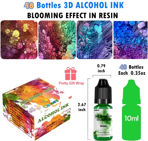 Alcohol Ink Set – 48 Bottles Vibrant Colors High Concentrated Alcohol-Based Ink, Concentrated Epoxy Resin Paint Colour Dye, Great for Painting,Resin Petri Dish, Coaster,Tumbler Cup Making,(10ml Each)