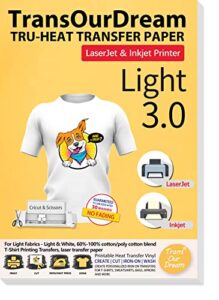 transourdream iron on heat transfer paper for light t shirts (20 sheets 8.5×11″, 3.0) printable htv heat transfer vinyl for inkjet & laserjet printer iron on transfers for t shirts (trans-l3-1-20)