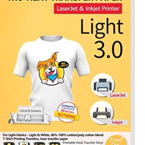 TransOurDream Iron on Heat Transfer Paper for Light T Shirts (20 Sheets 8.5x11", 3.0) Printable HTV Heat Transfer Vinyl for Inkjet & Laserjet Printer Iron On transfers for T Shirts (TRANS-L3-1-20)