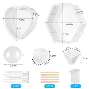 Resin Molds Silicone Kit, 8 in 1 Silicone Molds for Epoxy Resin, Large Resin Molds for Flowers Preservation, Ideal Resin Starter Kit Including Hexagon, Heart, Sphere, Pyramid, Cube and Set Tools