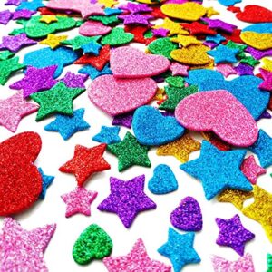 260 Pieces Colorful Glitter Foam Stickers Self Adhesive Stars Mini Heart Shapes Glitter Stickers, Kid's Arts Craft Supplies Greeting Cards Home Decoration Stars&Heart Shapes