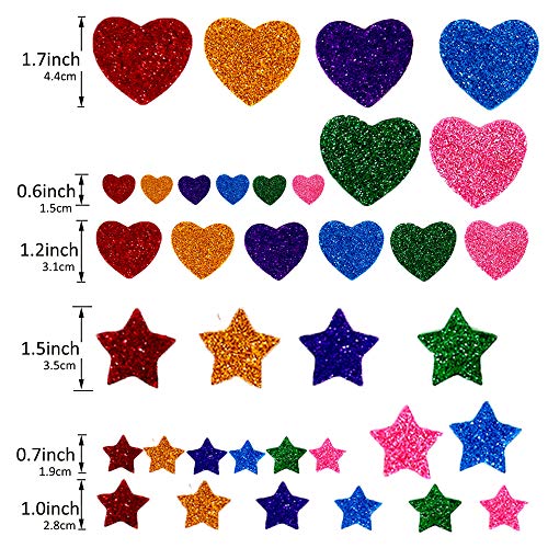 260 Pieces Colorful Glitter Foam Stickers Self Adhesive Stars Mini Heart Shapes Glitter Stickers, Kid's Arts Craft Supplies Greeting Cards Home Decoration Stars&Heart Shapes