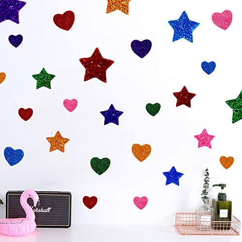 260 Pieces Colorful Glitter Foam Stickers Self Adhesive Stars Mini Heart Shapes Glitter Stickers, Kid's Arts Craft Supplies Greeting Cards Home Decoration Stars&Heart Shapes