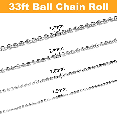 Jishi 33ft Ball Chain 2.4mm Silver Stainless Steel Bead Link Chain Roll for Beaded Dog Tag Necklace, Mens Military Jewelry Making Supplies, Pull Chain DIY Bracelets Keychain Craft - w/20#3 Connectors