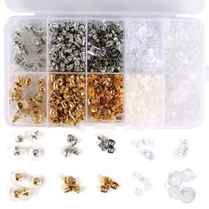 1040pcs earring backs, betybedy 10 styles earring backings kit, metal plastic rubber earring back clips bullet butterfly flower shape