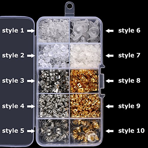 1040pcs Earring Backs, BetyBedy 10 Styles Earring Backings Kit, Metal Plastic Rubber Earring Back Clips Bullet Butterfly Flower Shape